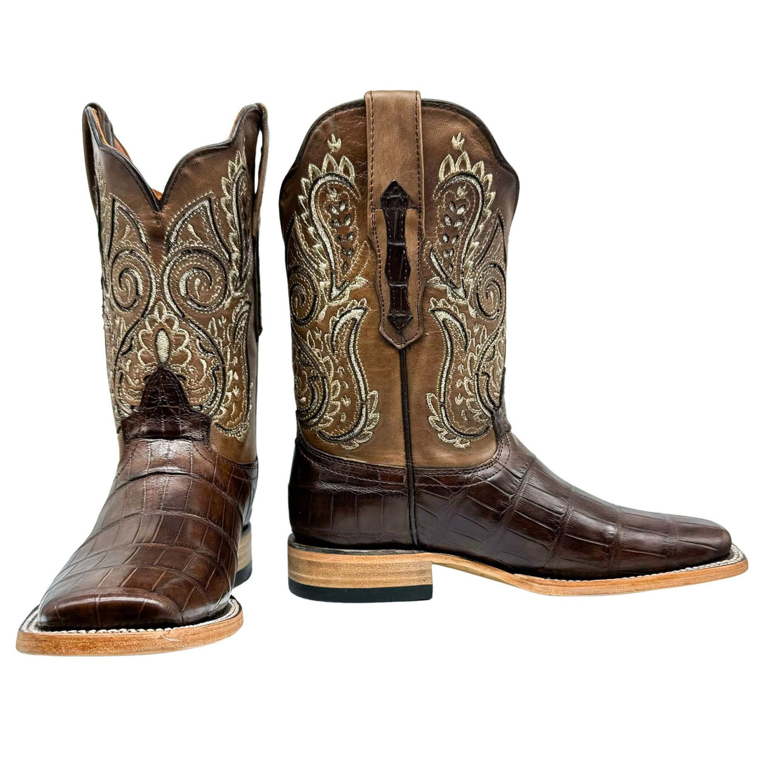 Women's Mocha American Alligator Tail Broad Square Toe Boots