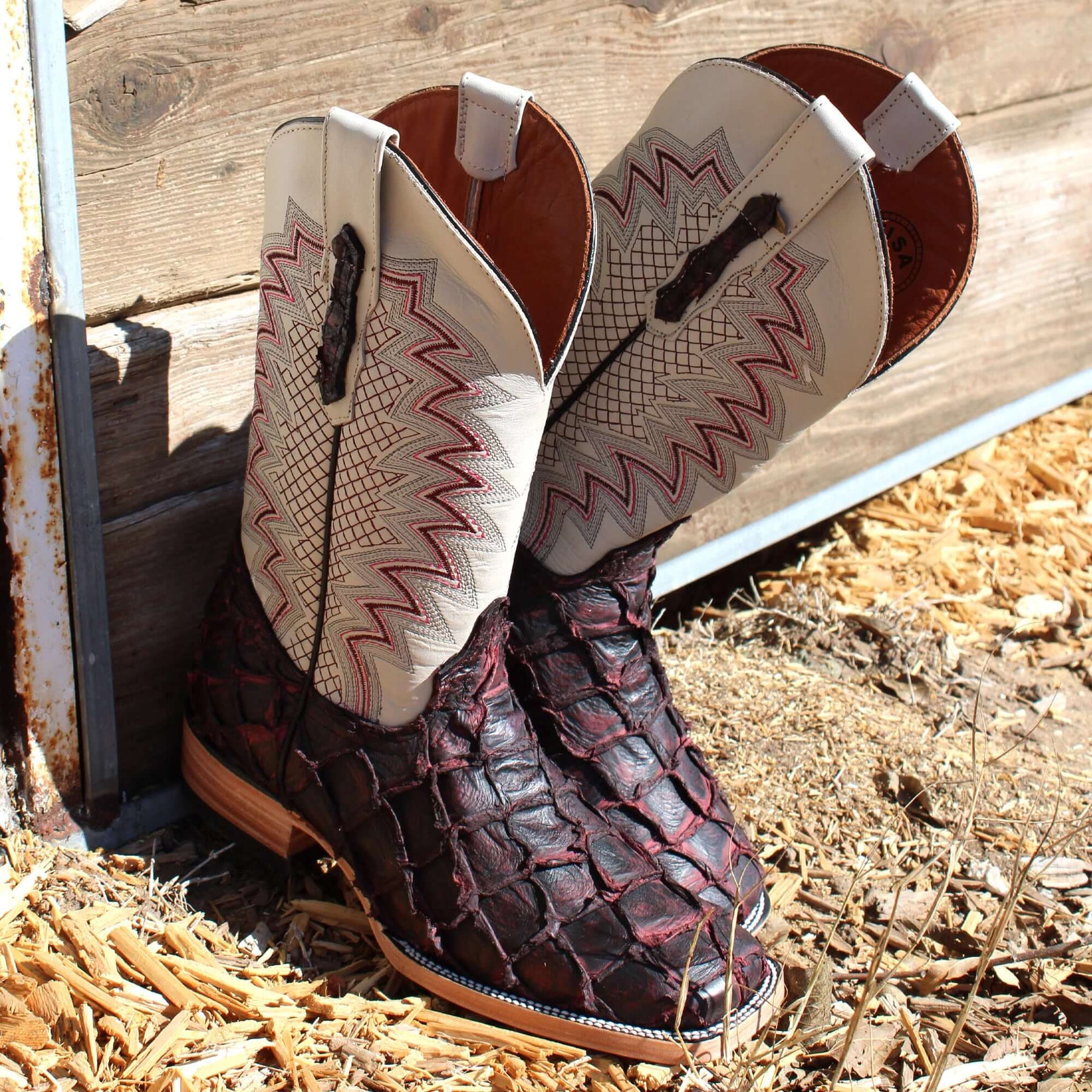 Men's Black Cherry Pirarucu Square Toe Boots | Vaccri Boots